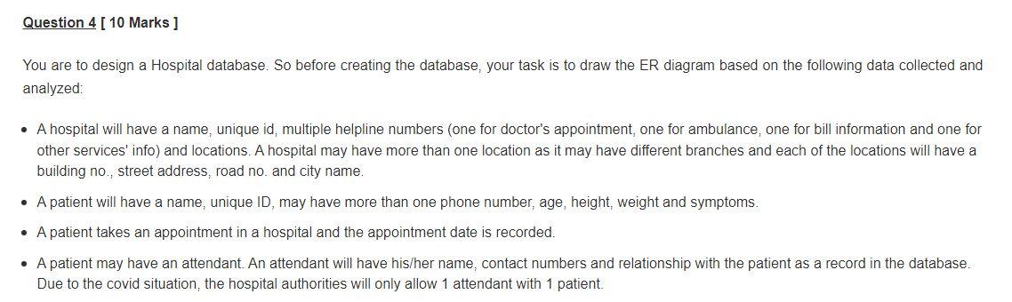 Solved Question 4 [ 10 Marks ] You are to design a Hospital | Chegg.com