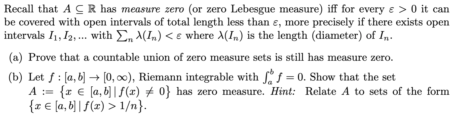 Solved Recall that A CR has measure zero (or zero Lebesgue | Chegg.com