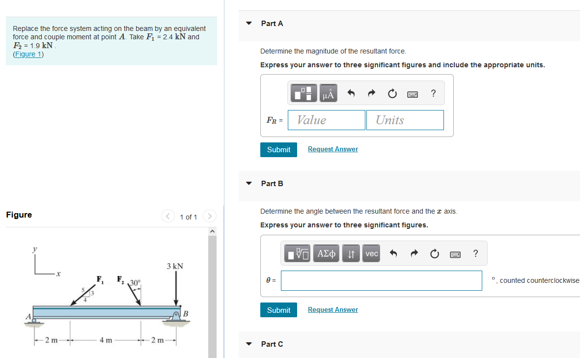 Solved Replace the force system acting on the beam by an | Chegg.com