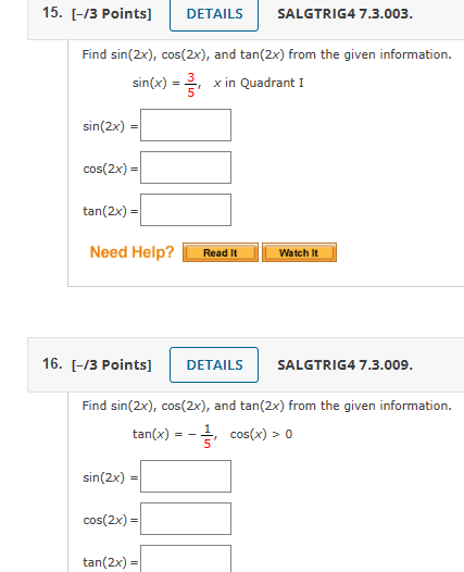 Solved Find sin(2x),cos(2x), and tan(2x) from the given | Chegg.com