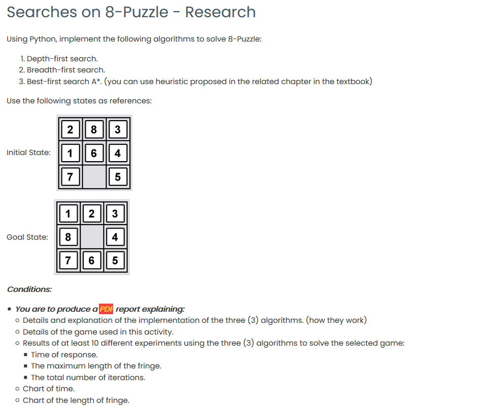 Searches on 8-Puzzle - Research Using Python, | Chegg.com
