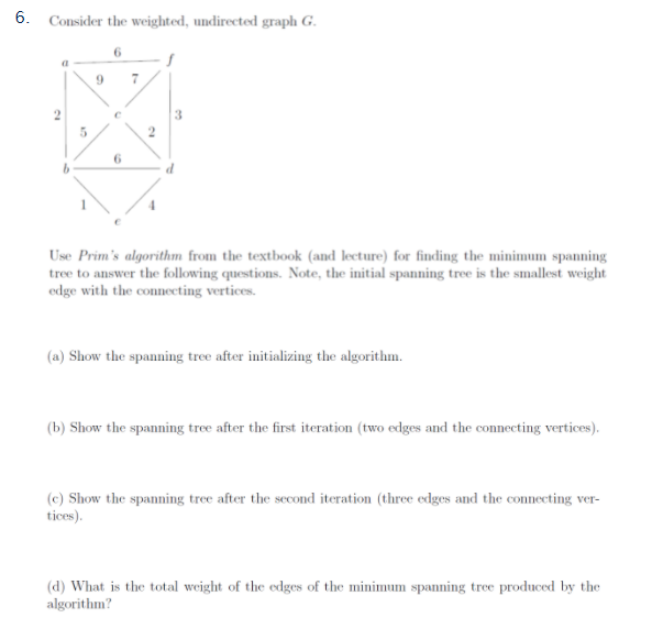 Solved 6. Consider the weighted, undirected graph G. 9 7 6 | Chegg.com