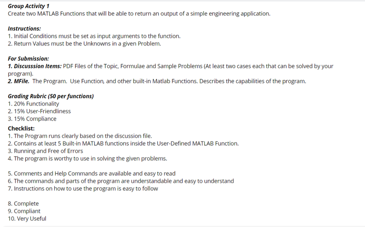Solved Group Activity 1 Create Two Matlab Functions That 2303