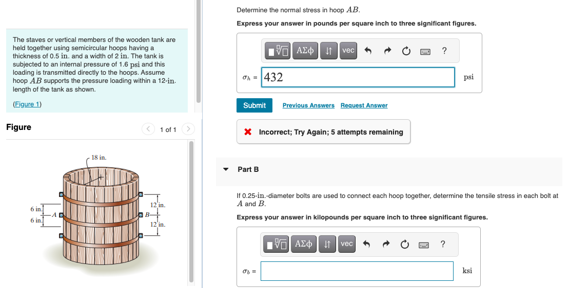 Solved Determine the normal stress in hoop AB. Express your | Chegg.com