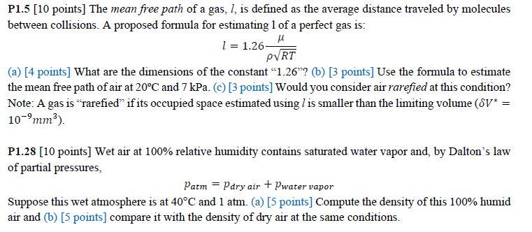 Solved P1.5 [10 points] The mean free path of a gas, l, is | Chegg.com