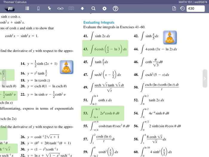 Solved Thomas' Calculus MATH 151 wei95874 430 sinh x cosh x. | Chegg.com
