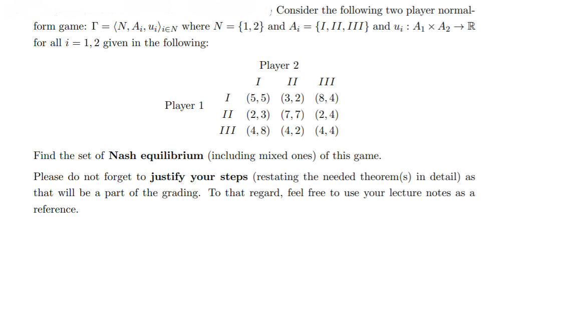 Solved Consider the following two player normal- form game: | Chegg.com