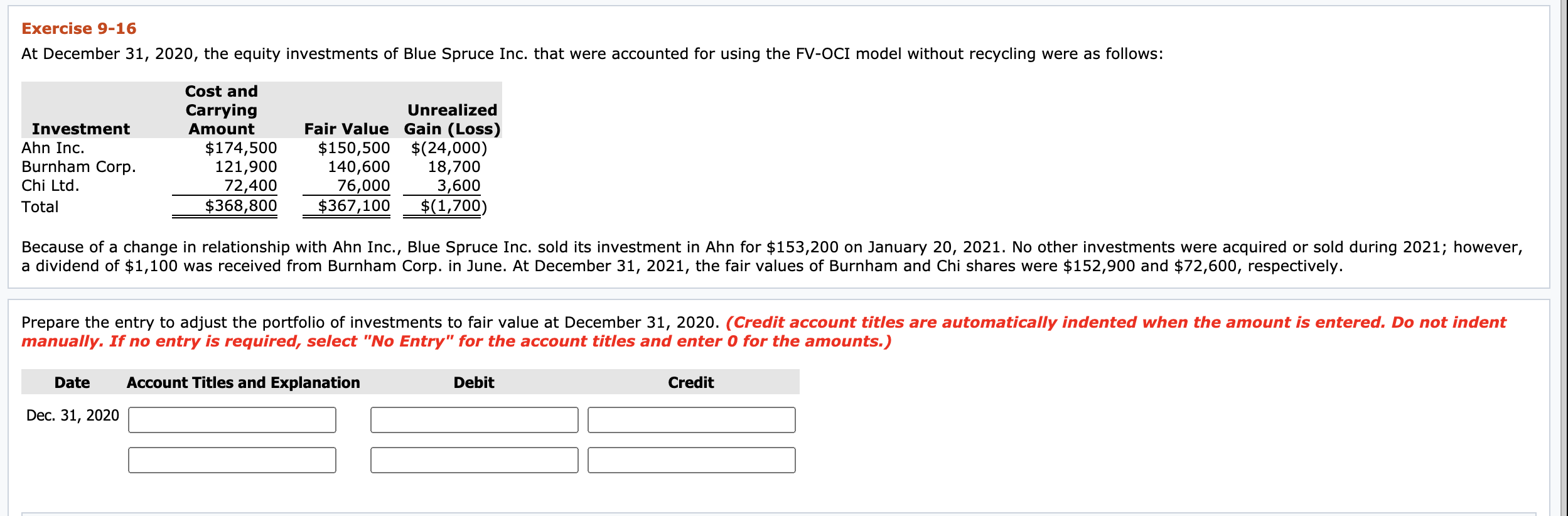 Solved Exercise 9-16 At December 31, 2020, the equity | Chegg.com