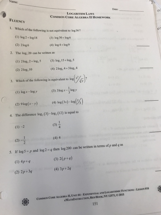 Solved Name Date Logarithm Laws Common Core Algebra Ii