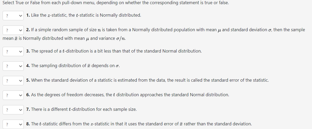 Solved Select True or False from each pull-down menu, | Chegg.com