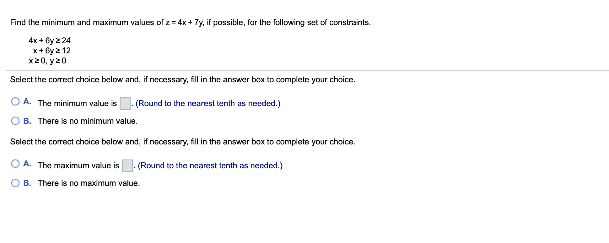 Solved Find the minimum and maximum values of z = 4x + 7y, | Chegg.com
