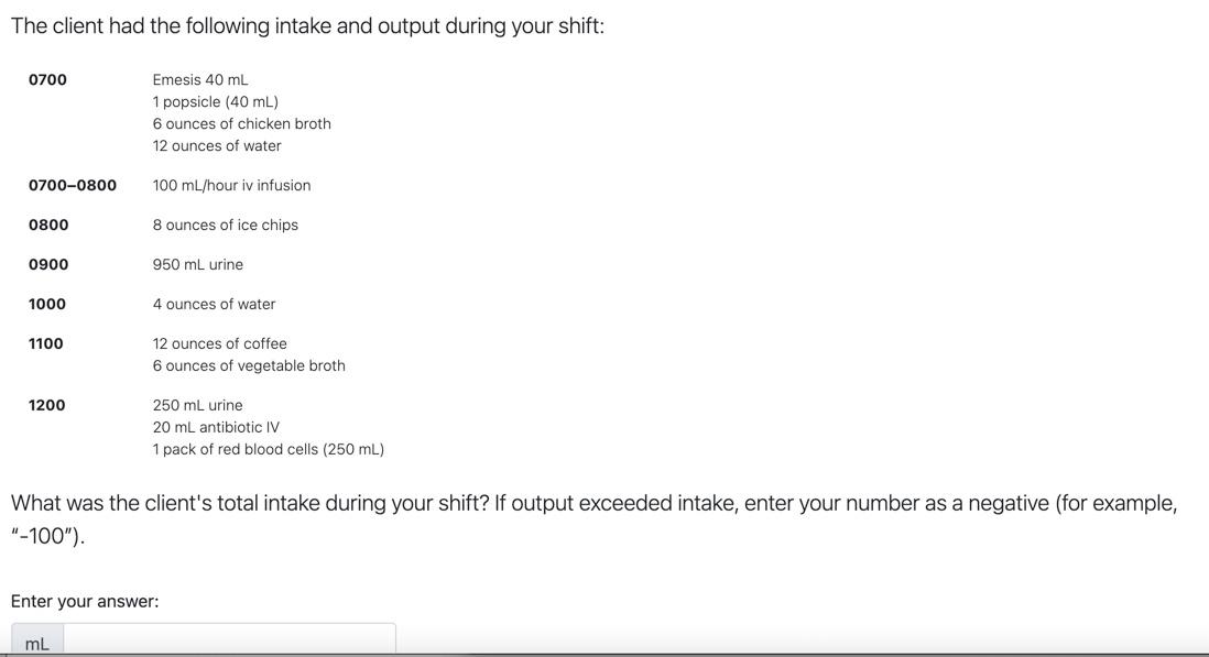 Solved The client had the following intake and output during | Chegg.com