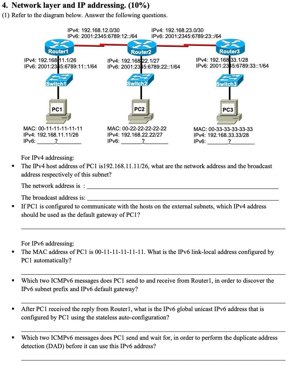 Solved - The IPv4 host address of PCl is 192.168.11.11/26, | Chegg.com