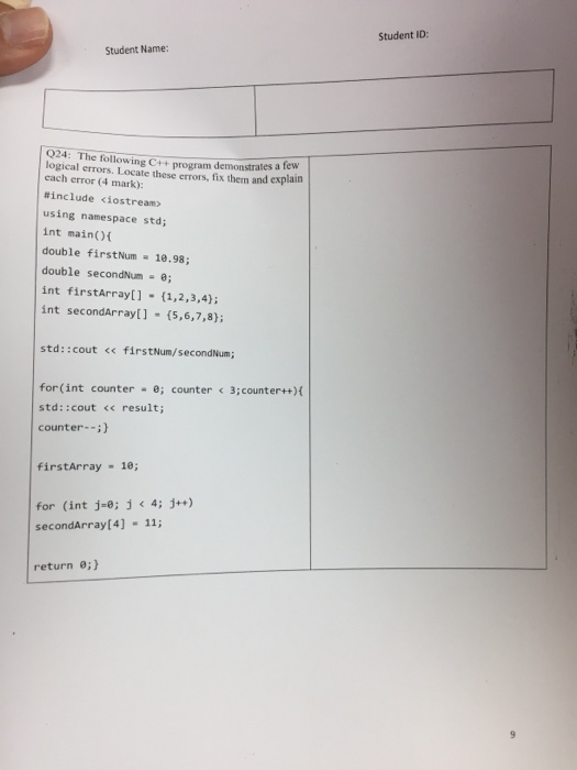 Solved Student ID Student Name: 024: The following C++ | Chegg.com