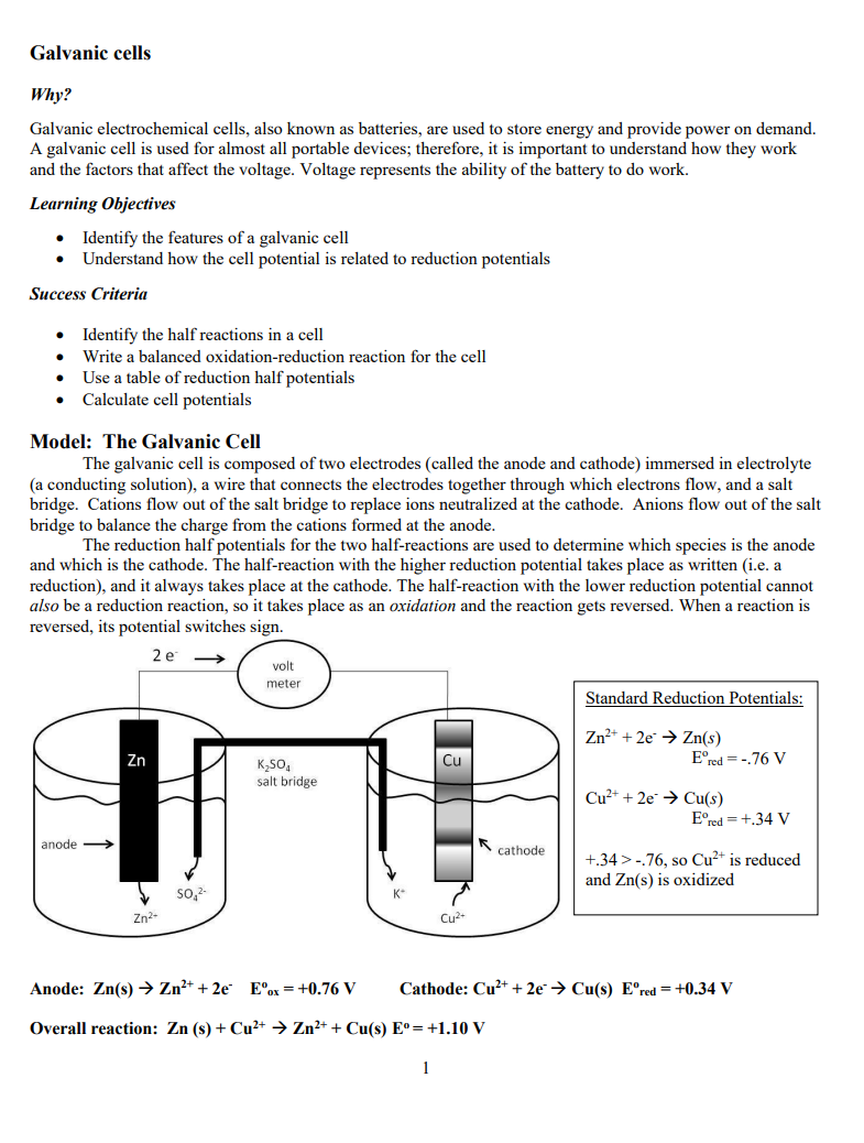 Solved Model: The Galvanic Cell The galvanic cell is | Chegg.com