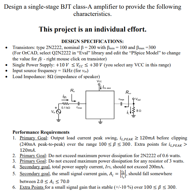 Design a single-stage BJT class-A amplifier to | Chegg.com