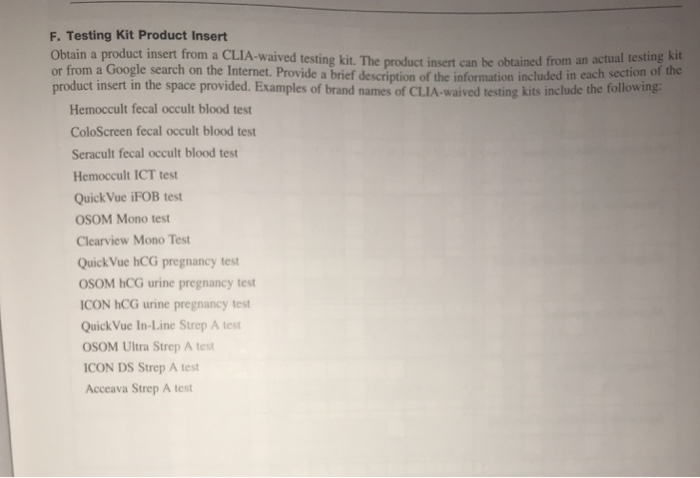 F. Testing Kit Product Insert Obtain a product insert | Chegg.com