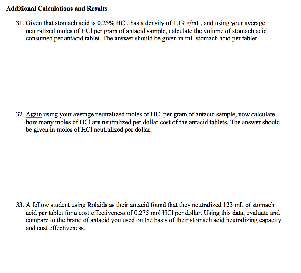 Solved 0.937 mol/g 30. Average neutralized moles of HCl per | Chegg.com