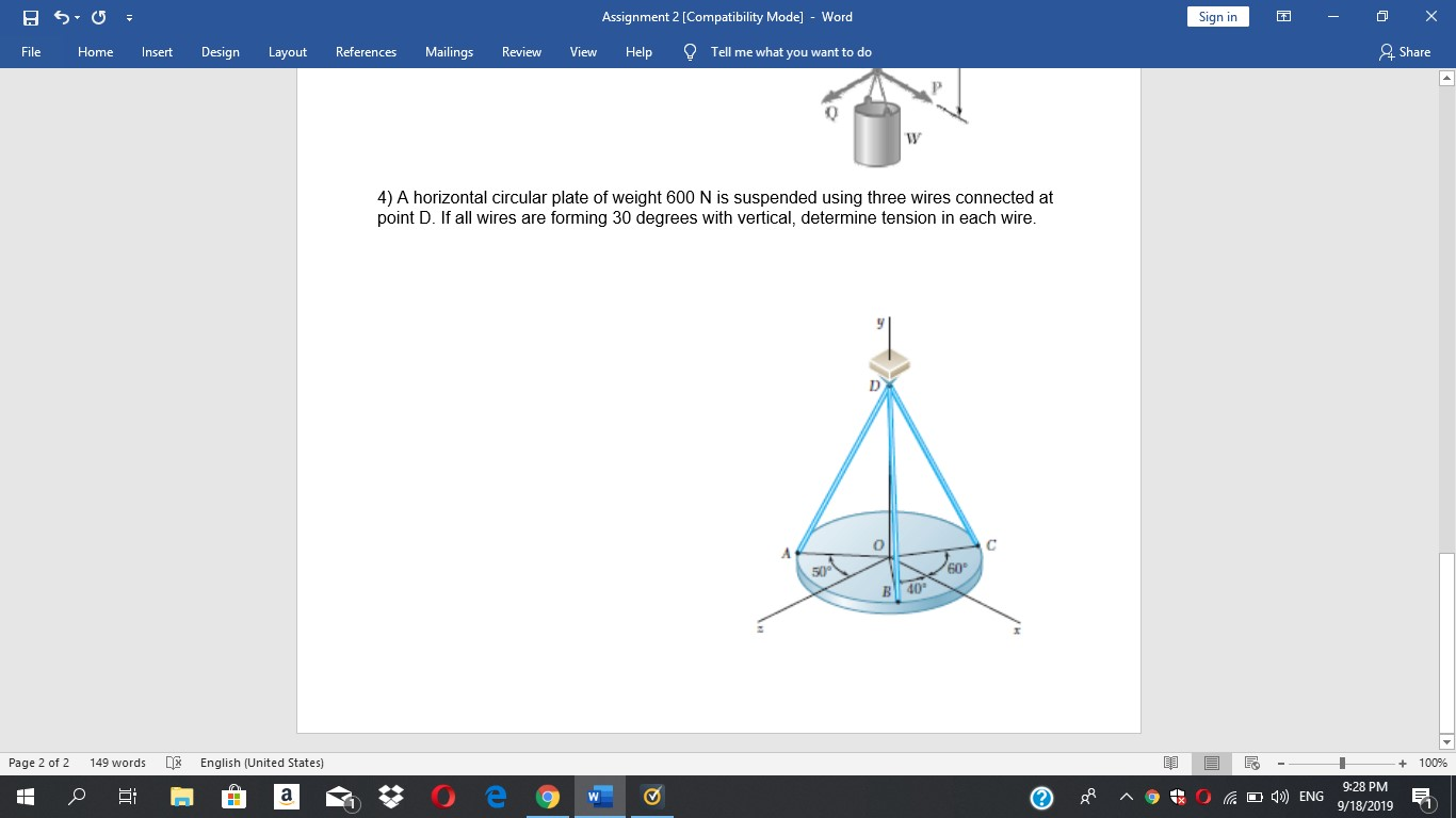 Solved A horizontal circular plate of weight 600 N is | Chegg.com