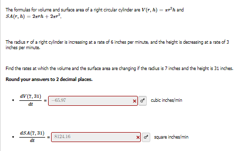 Solved The formulas for volume and surface area of a right | Chegg.com