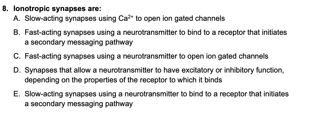 Solved lonotropic synapses are: A. Slow-acting synapses | Chegg.com