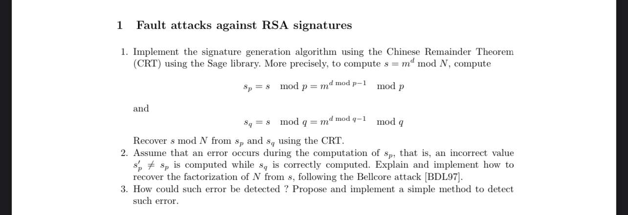 Solved 1 Fault Attacks Against Rsa Signatures 1 Implement 