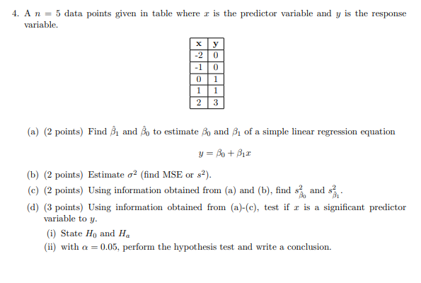 Solved 4. A n=5 data points given in table where x is the | Chegg.com
