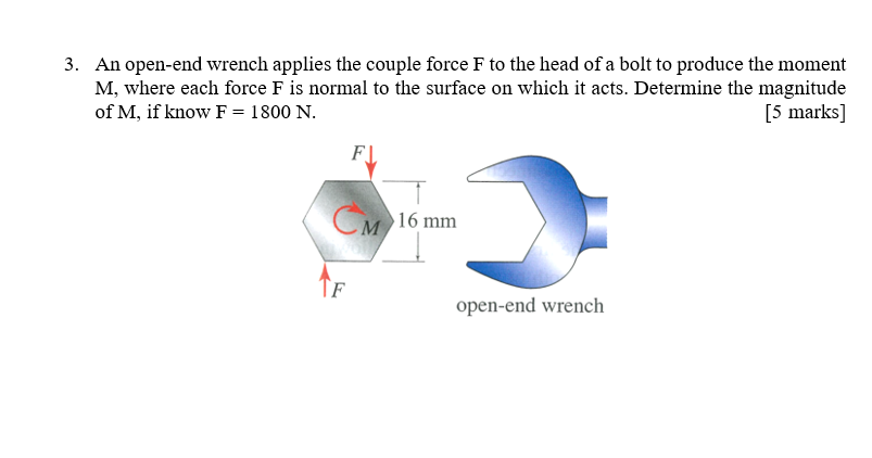 Solved 3. An open-end wrench applies the couple force F to | Chegg.com