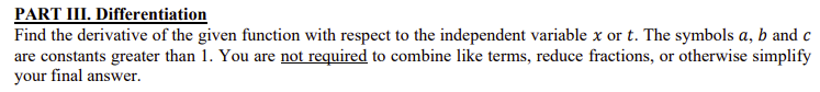 Solved PART III. Differentiation Find the derivative of the | Chegg.com
