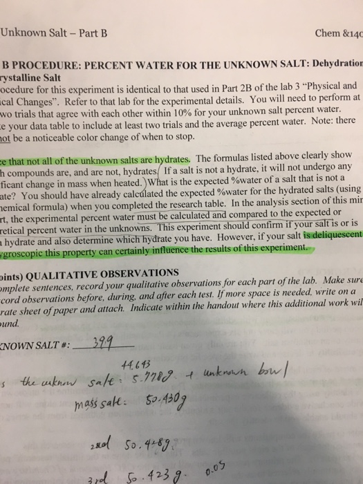Solved Unknown Salt- Part B Chem &140 B PROCEDURE: PERCENT | Chegg.com