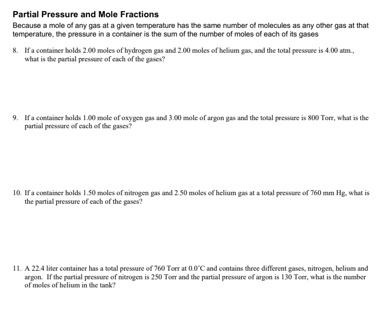 Solved Partial Pressure and Mole Fractions Because a mole of | Chegg.com