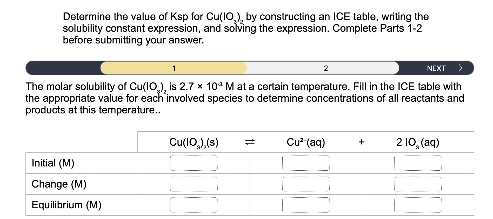 [Solved]: Determine the value of Ksp for Cu(10), by constr