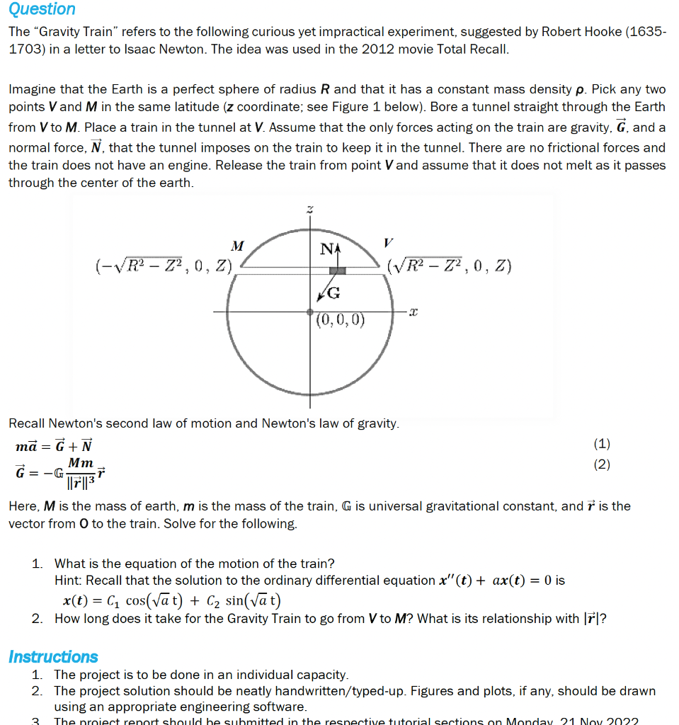 Solved The "Gravity Train" refers to the following curious | Chegg.com