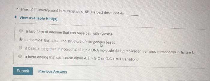 Solved In terms of its involvement in mutagenesis, 5BU is | Chegg.com