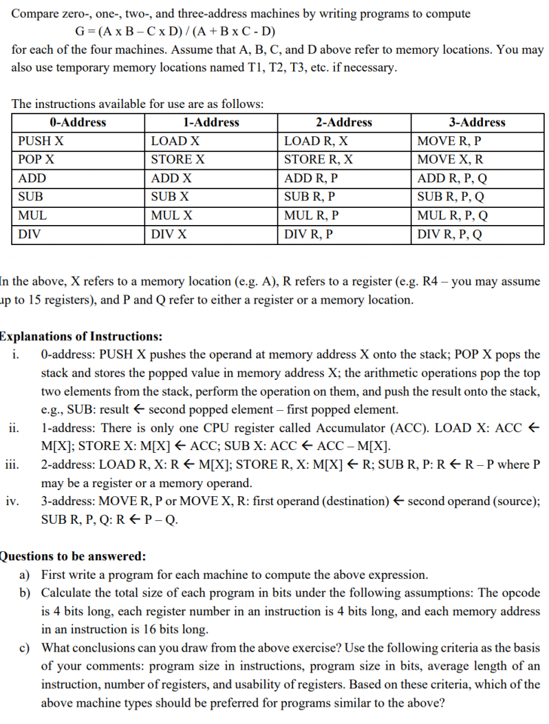 Compare zero-, one-, two-, and three-address machines | Chegg.com