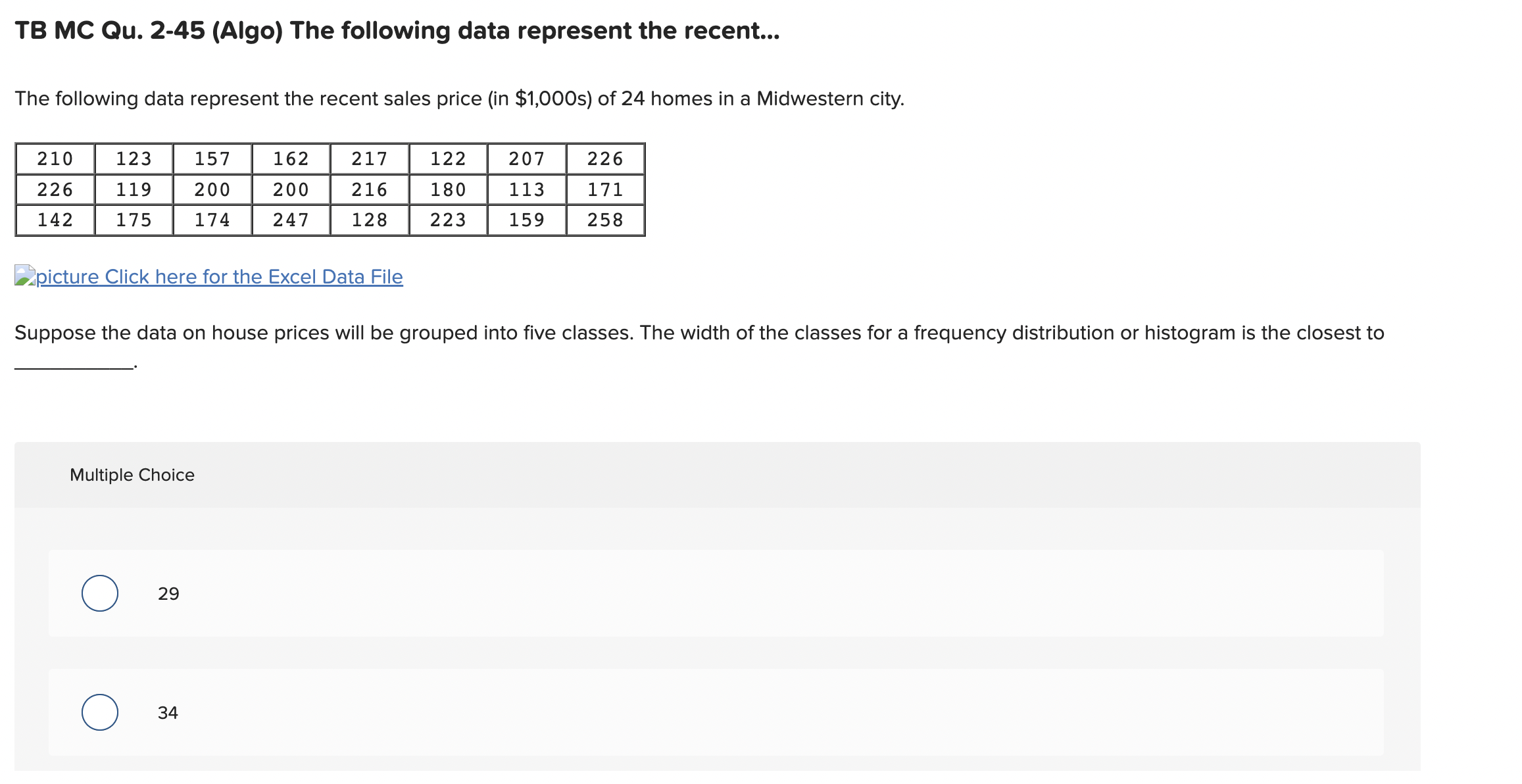 Solved TB MC Qu. 2-45 (Algo) The following data represent | Chegg.com