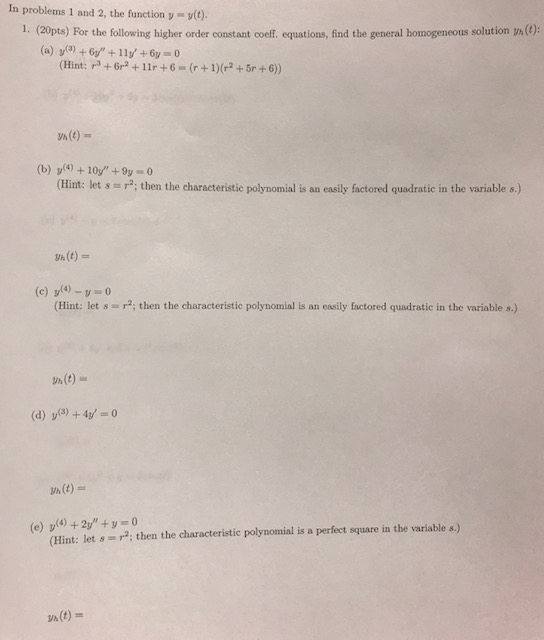 Solved In problems 1 and 2, the function y vt). 1. (20pts) | Chegg.com