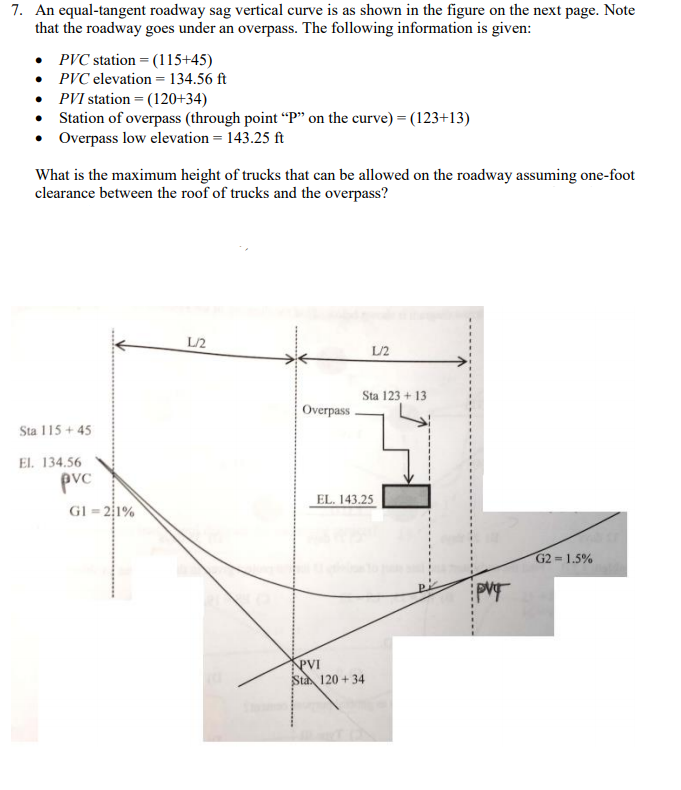 Solved 7. An equal-tangent roadway sag vertical curve is as | Chegg.com