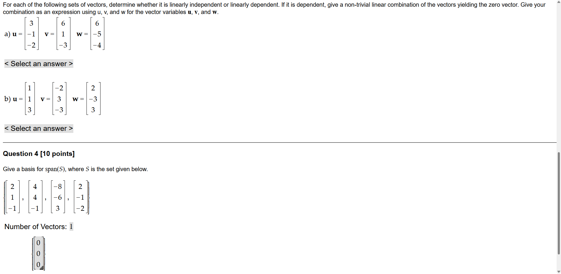 Solved combination as an expression using u,v, and w for the | Chegg.com