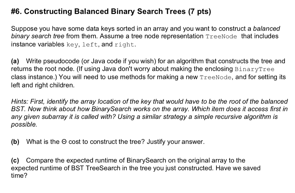 #6. Constructing Balanced Binary Search Trees (7 pts) | Chegg.com