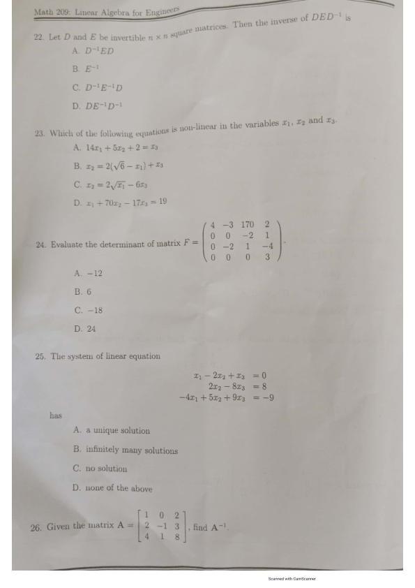 Solved Math 20. Linear Algebra for Engineers 22. Let D and E | Chegg.com