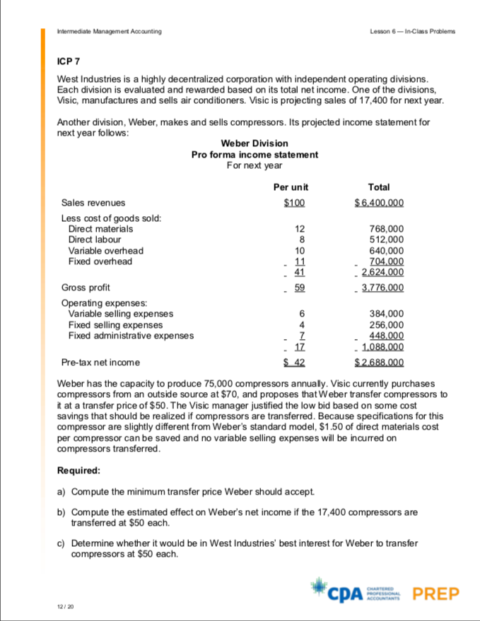 Solved Intermediate Management Accounting Lesson 6-In-Class | Chegg.com