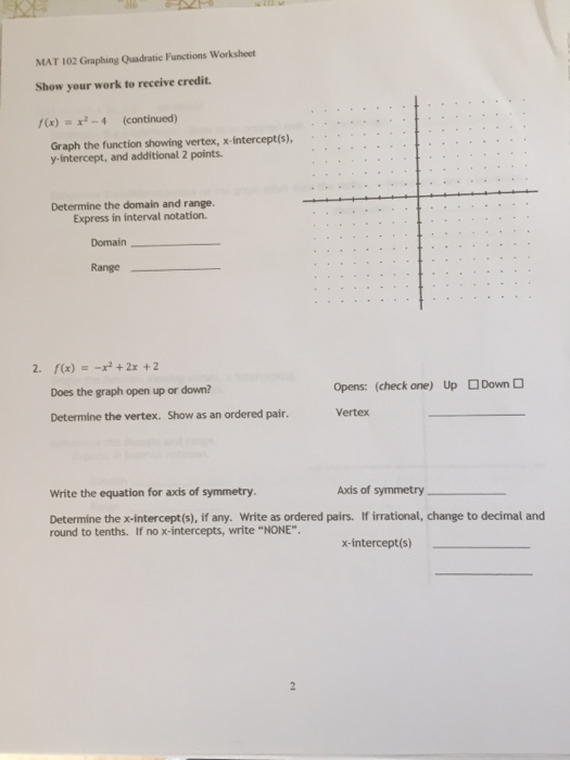 Solved MAT 102 Graphing Quadratic Functions Worksheet Show | Chegg.com