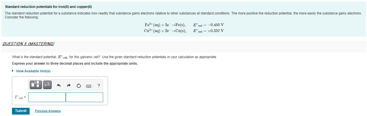 Solved Standard reduction potentials for iron(ll) and | Chegg.com