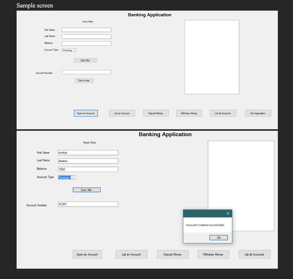 Solved Sample screen Banking Application Input kea First | Chegg.com