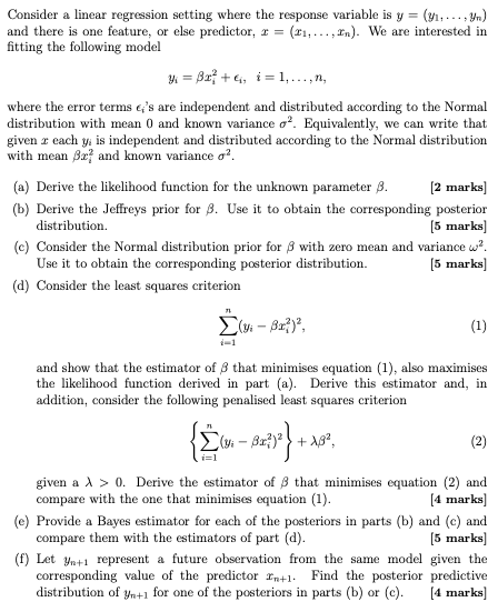 Solved Consider a linear regression setting where the | Chegg.com