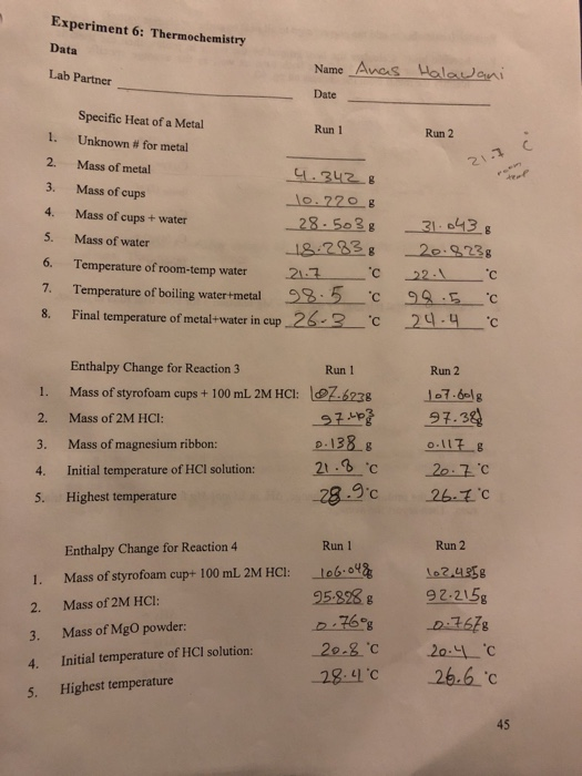 Experiment 6: Data Lab Partner Thermochemistry Name | Chegg.com