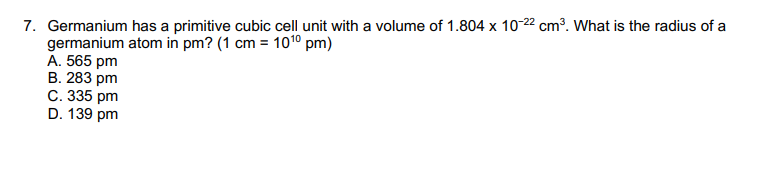 Solved 7. Germanium has a primitive cubic cell unit with a | Chegg.com