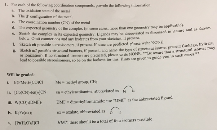 Solved 1. For each of the following coordination compounds, | Chegg.com