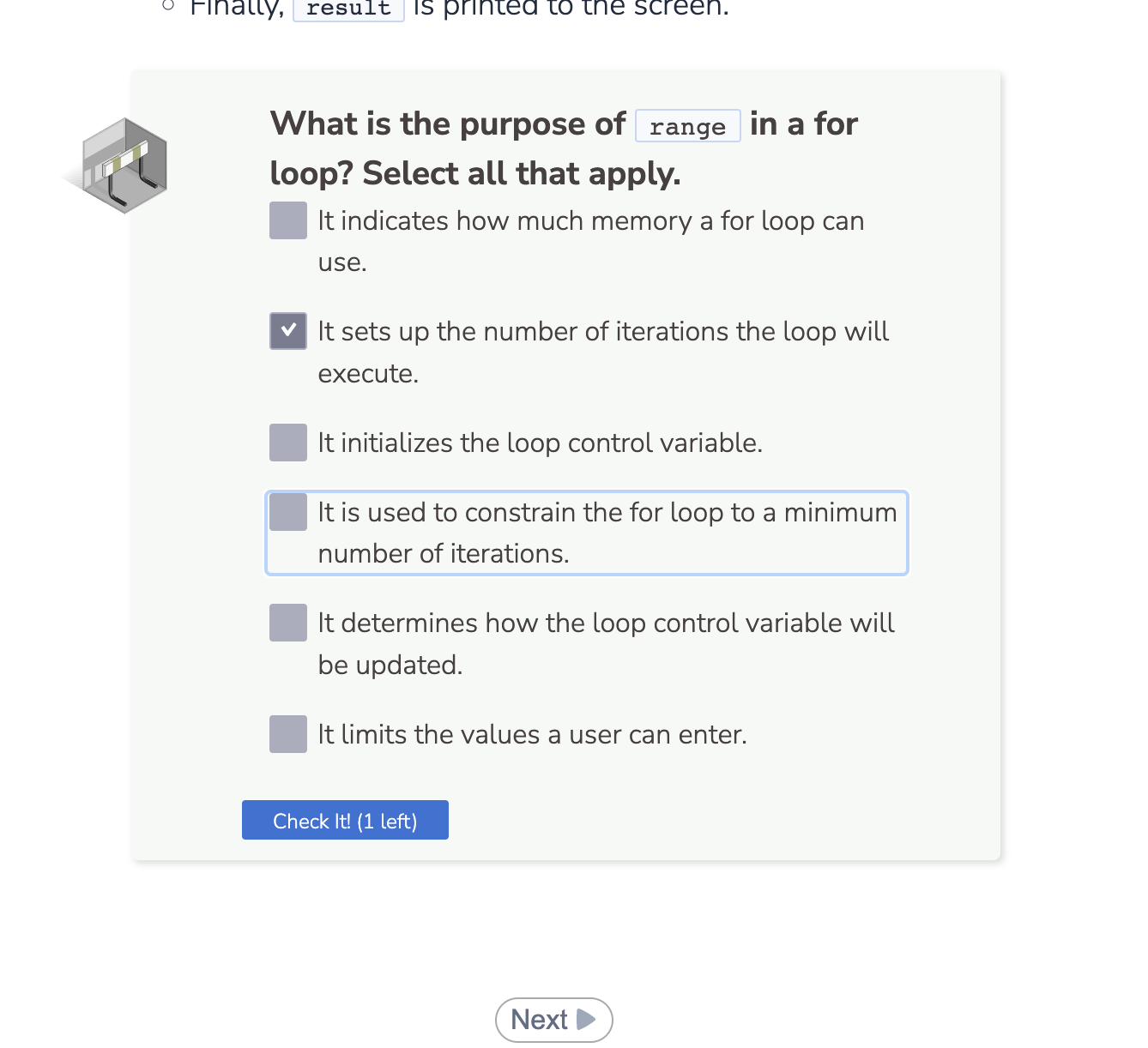 Solved What is the purpose of in a for loop? Select all that | Chegg.com